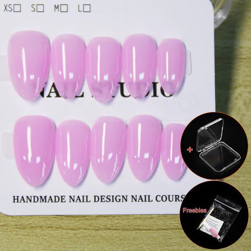 100% HANDMADE Short Almond Shape Translucent Pink Fake Nail Set With ...