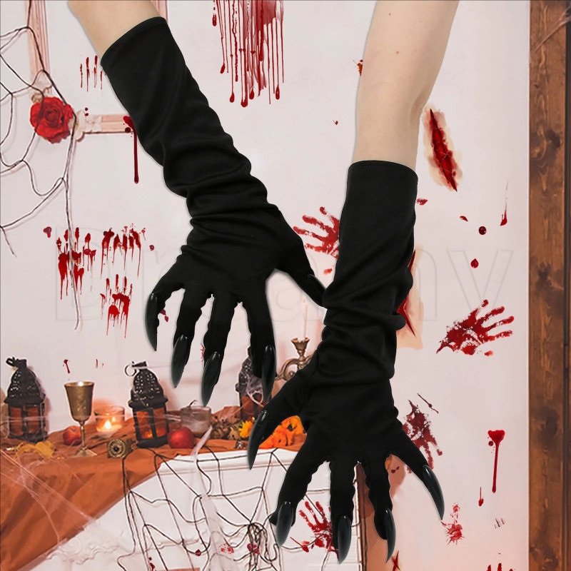 Halloween Long Nail Gloves - Stretch Ghost Claw Nail - Black Polyester ...