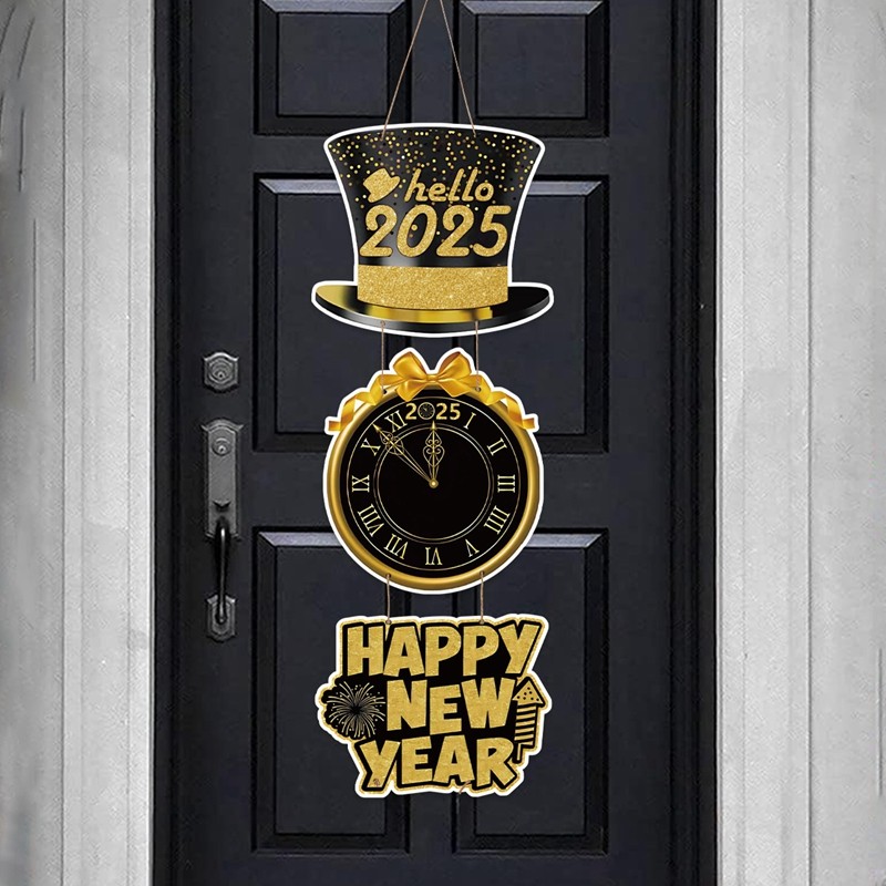 2Styles Happy New Year Door Hanging Sign with Rope Hello 2025 Clock ...