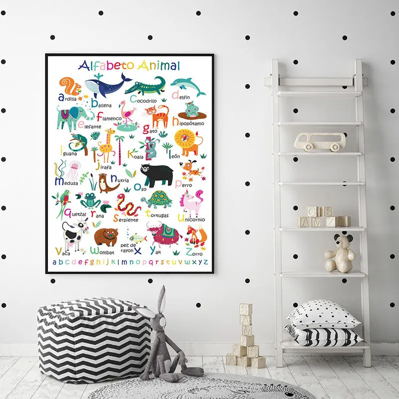 Spanish alphabet Poster with cute animals, wall chart, color chart, Art ...