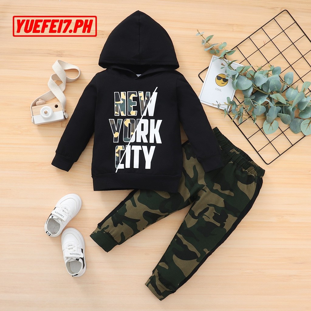 Kids Boy Clothes Suit Print Long Sleeve Hoodie Top + Camfoulage Pants ...