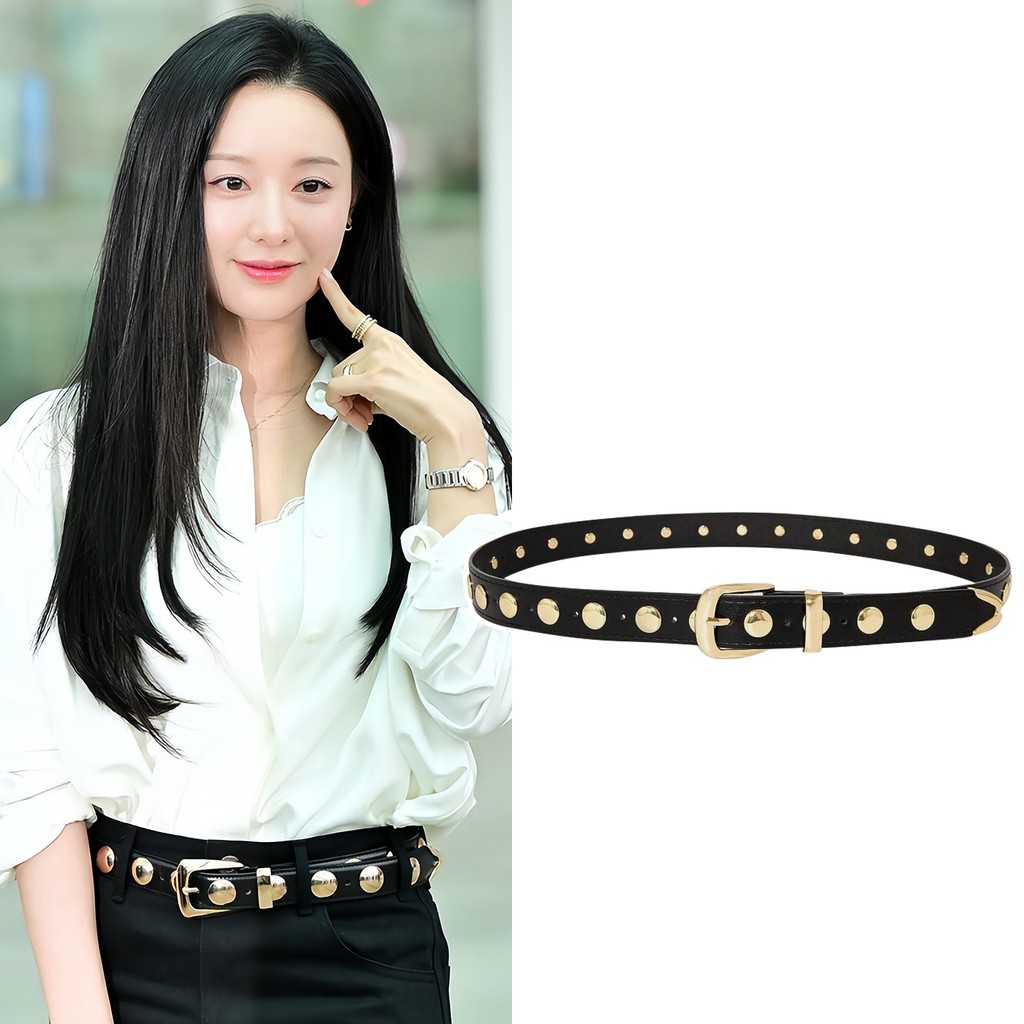 Korean Version Kim Ji Won Same Style Black Gold Round Rivet Belt Punk ...