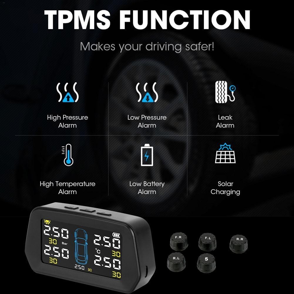Wireless Solar TPMS Car Tire Pressure Alarm Monitor System Auto Security Alarm Systems Tyre ...