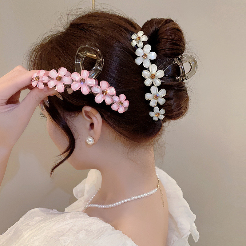Rhinestone Flower Clip Female 2024 High-End Hair Clip Shark Clip ...