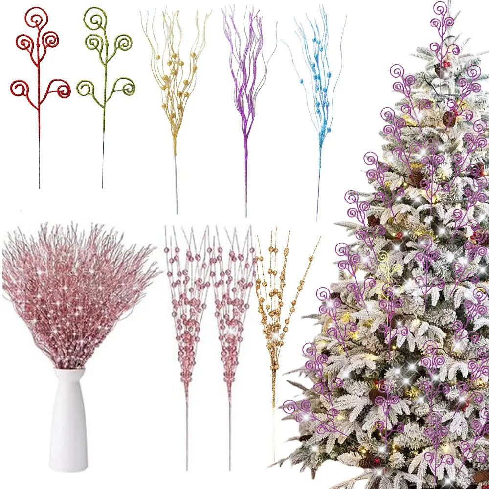 Christmas Tree Decoration Artificial Glitter Berry Stem Ornaments ...