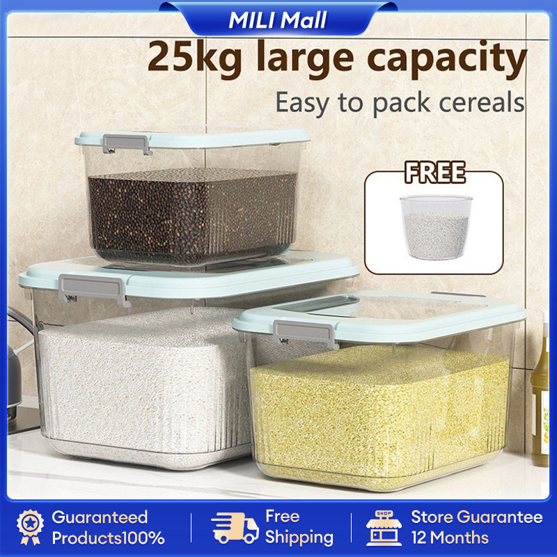 Rice Storage Box With Cup Dry Grain Cereal Food Storage With Locking ...