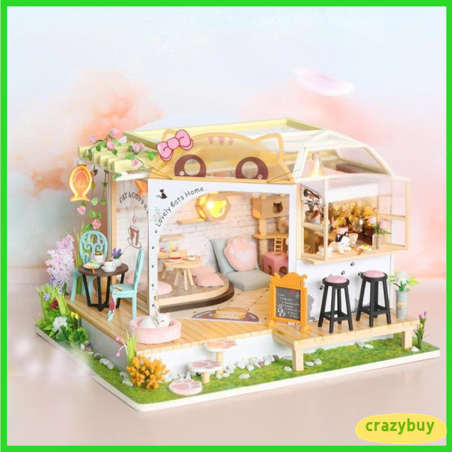 CR DIY Cat Cafe Miniature Dollhouse Kit With Music And Light Cat Coffee ...