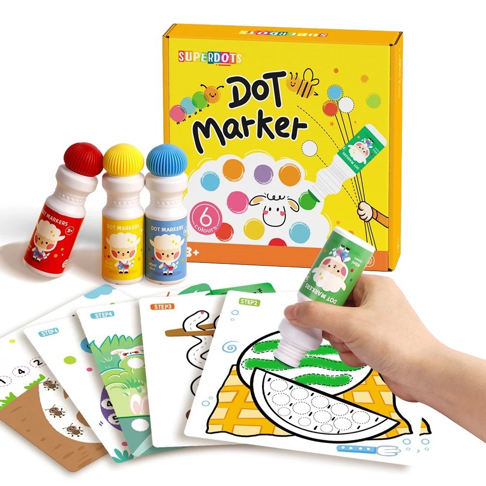 DOP MARKER Washable 6colors Dot Marker Set with 12random Drawing Cards ...