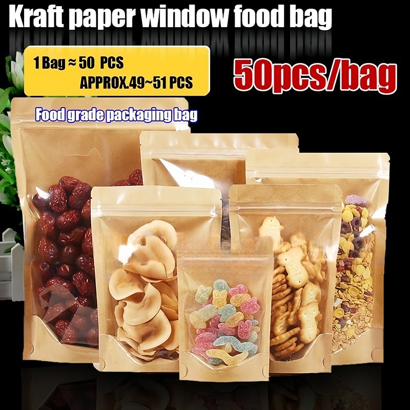 50pcs Brown Kraft Paper Half Transparent Stand Up Pouch Plastic Paper ...