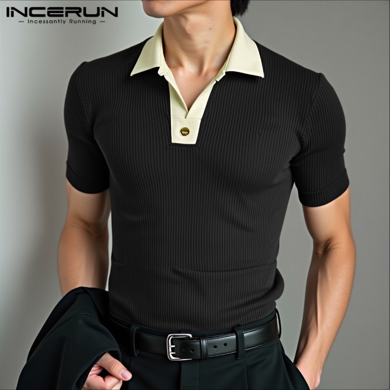 INCERUN Men Korean Fashion Lapel Contrast Collar Half-Button Short ...