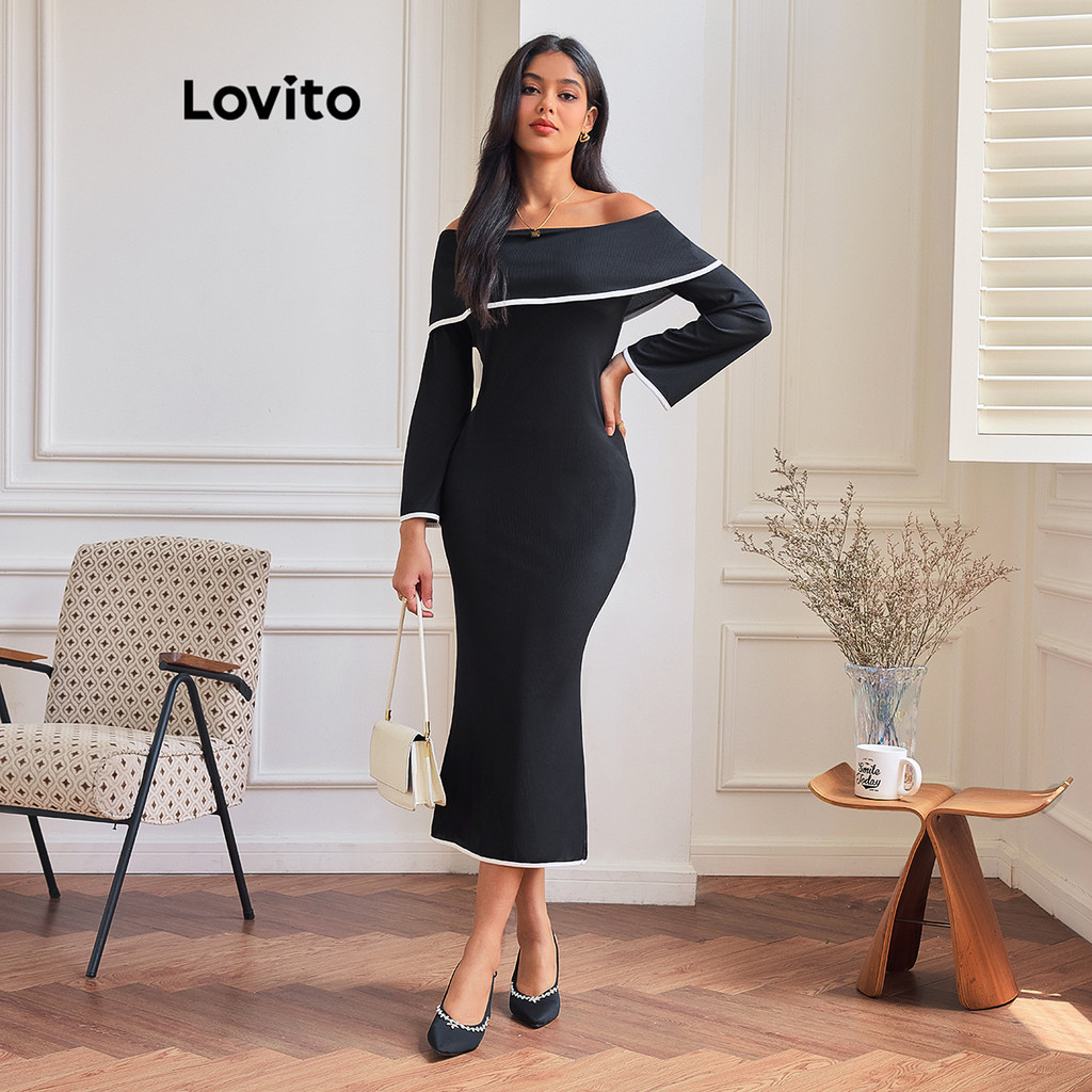 Lovito Women Elegant Plain Contrast Binding Dress LBL14146 | Shopee ...