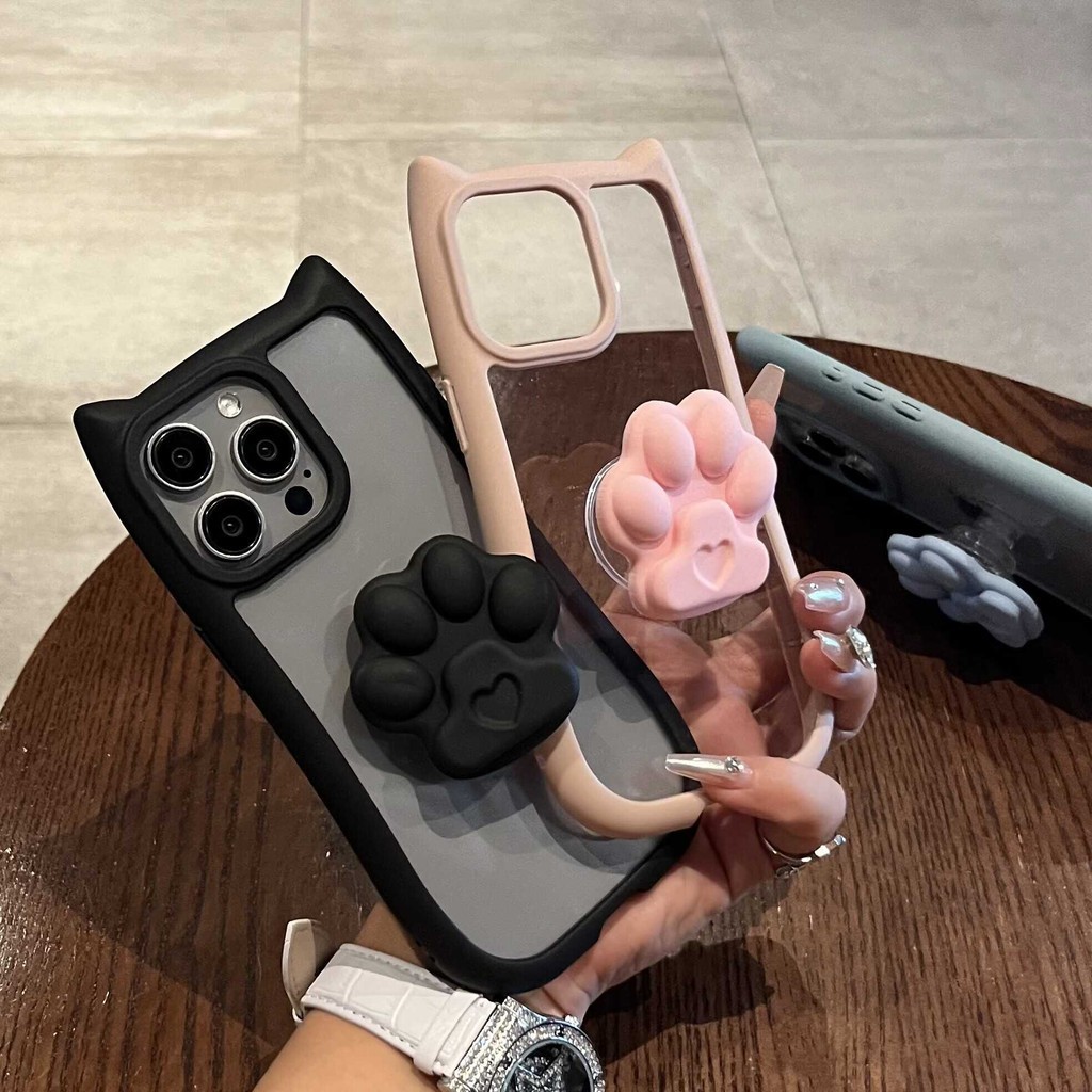 Ins Korean Cat Popsocket Claw Holder 3D Cat Ear Cellphone Casing Clear ...