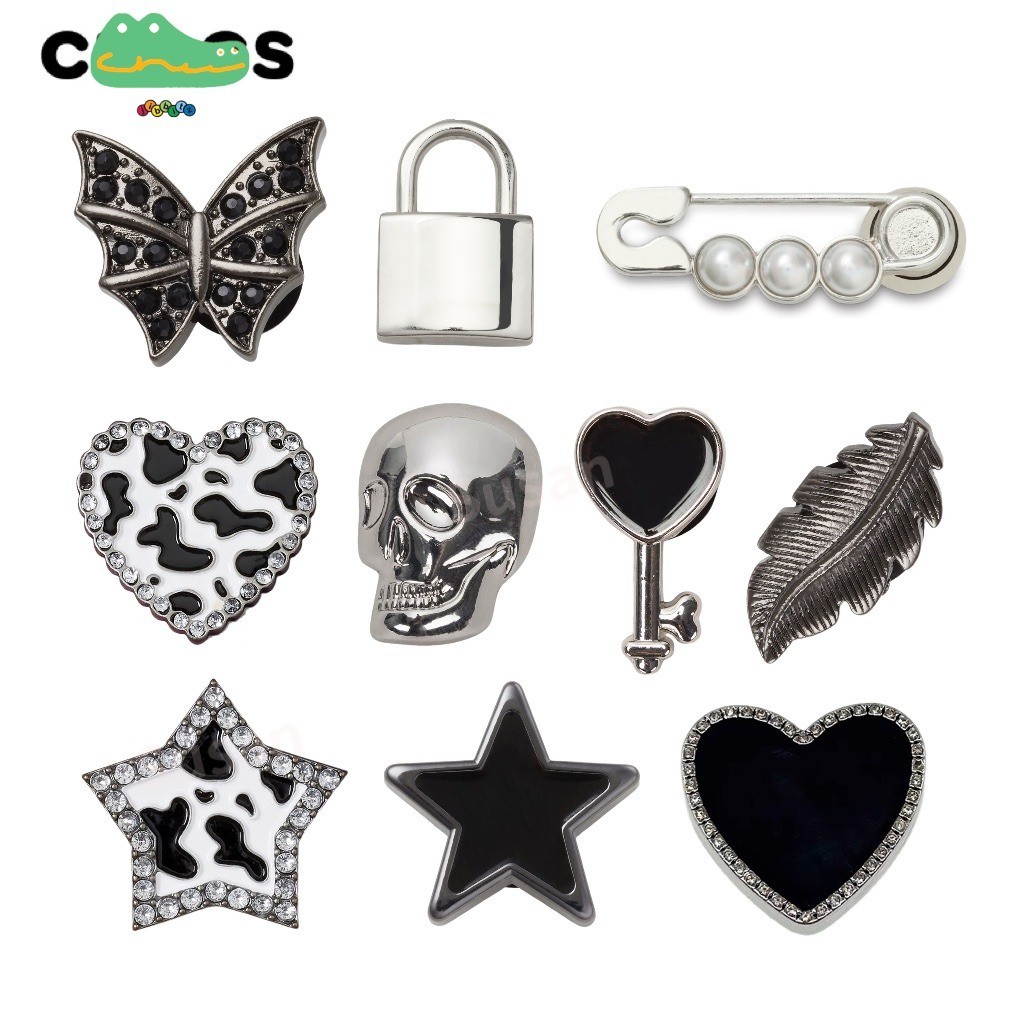 Crocs Jibbitz punk heart metal shoe accessories black and white metal ...
