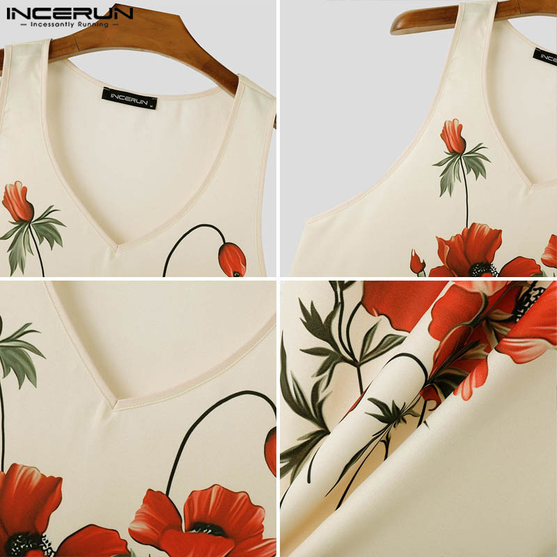 INCERUN Men Vintage Fashionable Floral V-Neck Printing Sleeveless Tanks ...