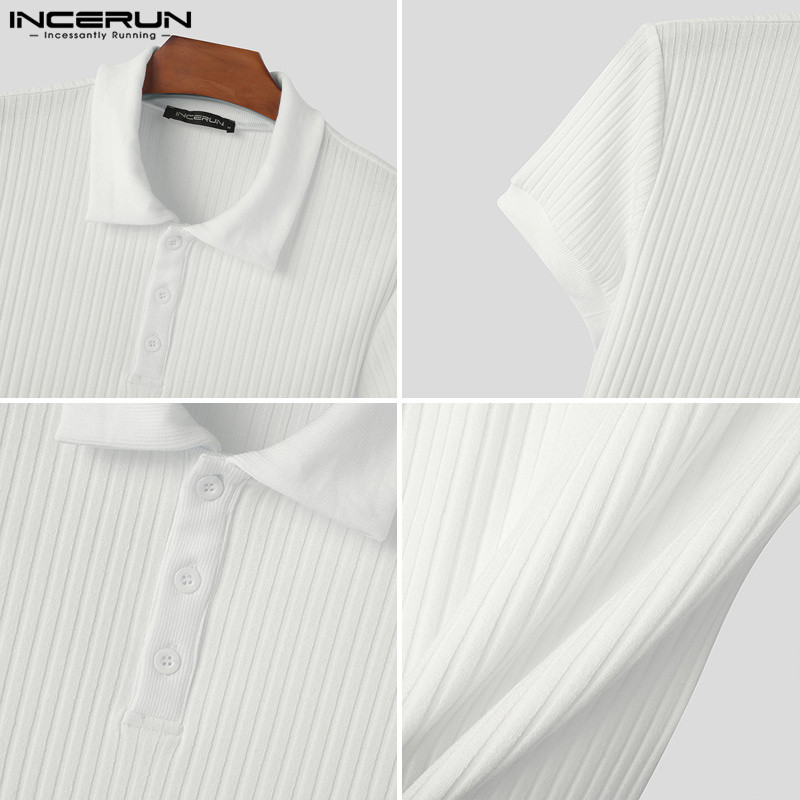 INCERUN Men Korean Fashion Stripes Color Block Neckline Short Sleeve ...