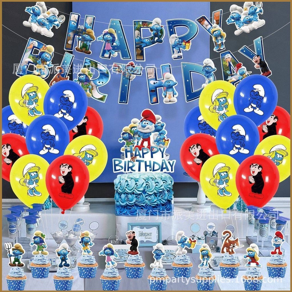 The Smurfs theme kids birthday party decorations banner cake topper ...