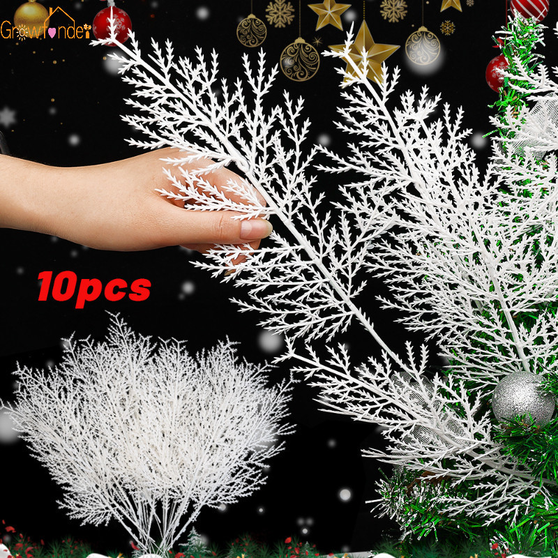 10Pcs Christmas Artificial White Pine Leaves Branches DIY Garland Xmas ...