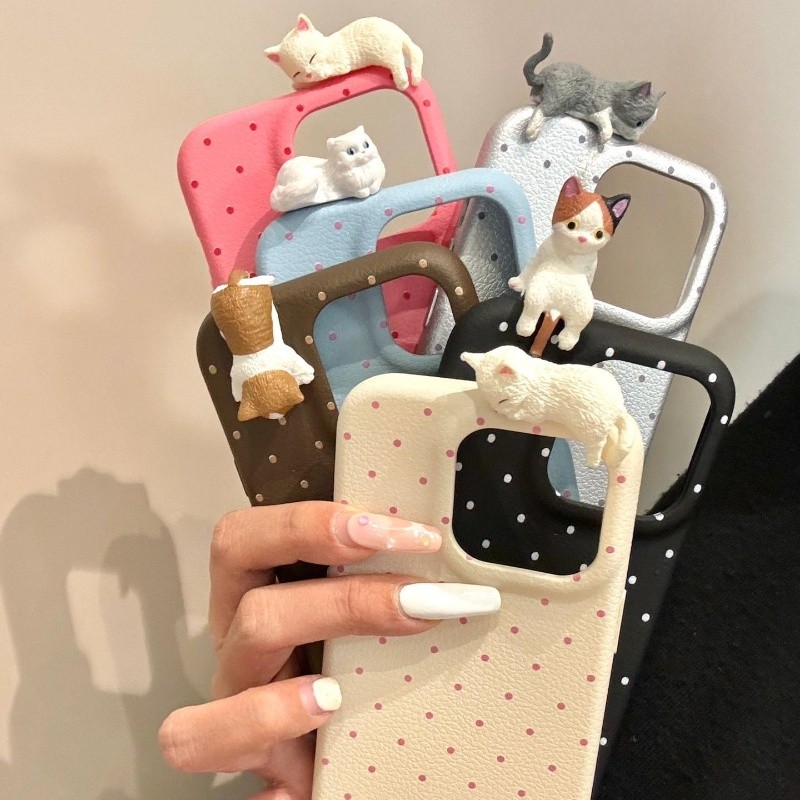 Luxury Polka Dot leather 3D Planking Cat phone case for iPhone16 Pro ...