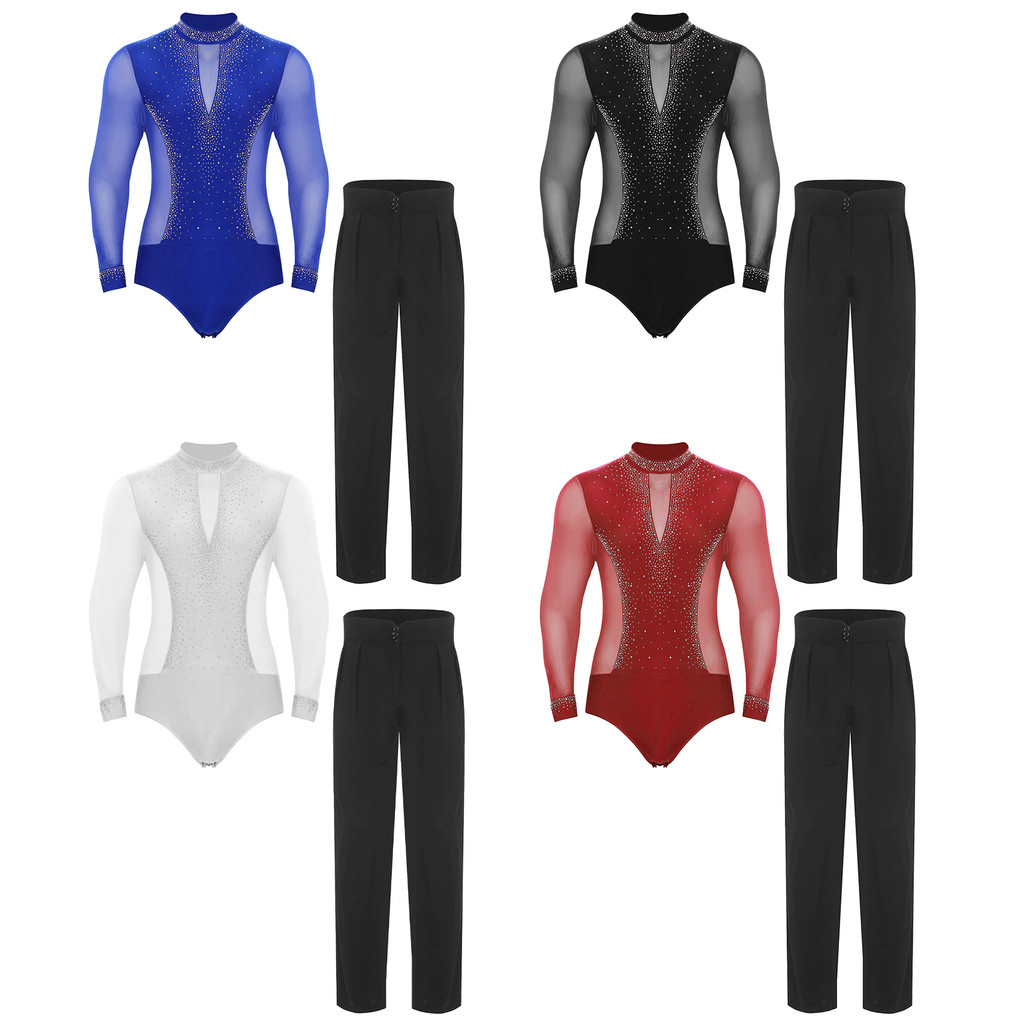 Sxiwei Mens Latin Dance Outfits Mock Neck Long Sleeve Shiny Rhinestones ...