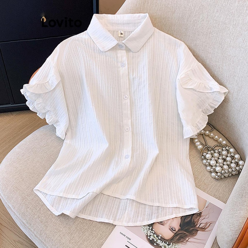 Lovito Women Casual Plain Button Front Ruffle Blouse LNE57634 | Shopee ...