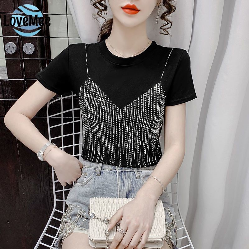 Women's Short Sleeved Summer New Loose Casual T-shirt with Rhinestone ...