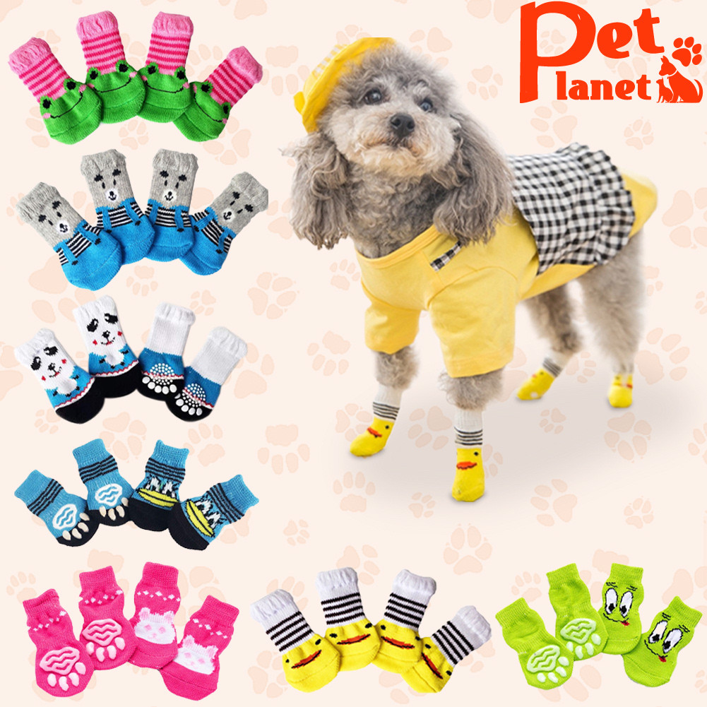 4Pcs Cute Pet Dog Socks with Print Anti-Slip Cats Puppy Shoes Paw ...