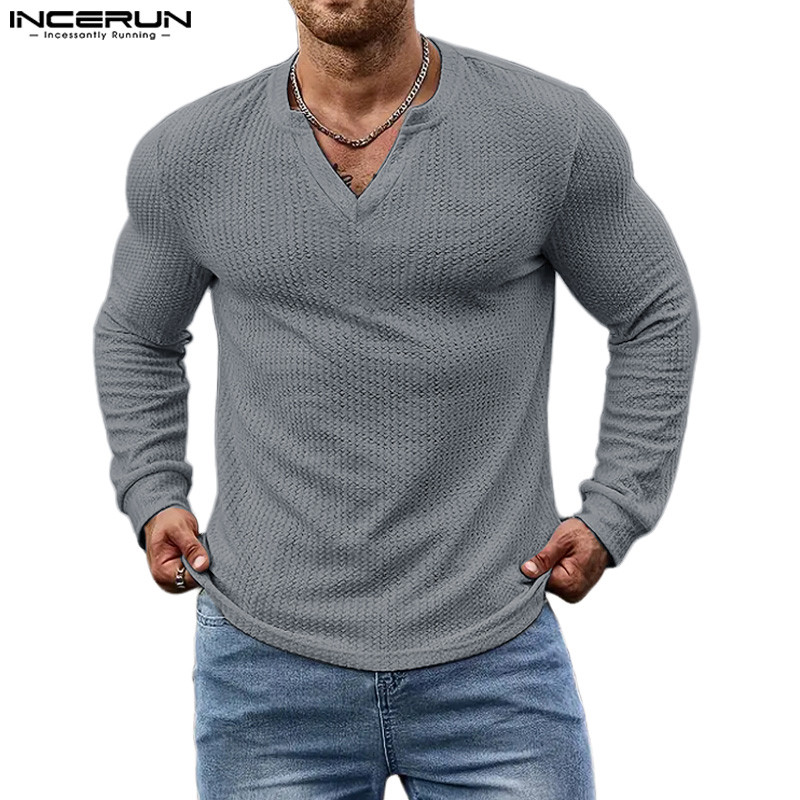 INCERUN Men Vintage Daily Fashion V-Neck Long Sleeve Loose T-Shirts | Shopee Philippines