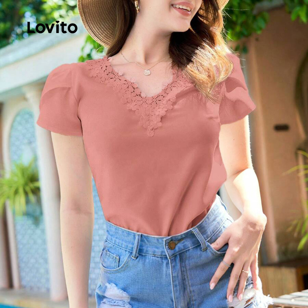 Lovito Women Boho Blouse Ruffle Neck Fabric Stitching Texture Summer ...