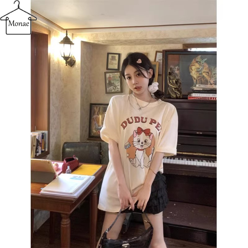 Monae American cartoon cat print short sleeve t-shirt for women summer ...