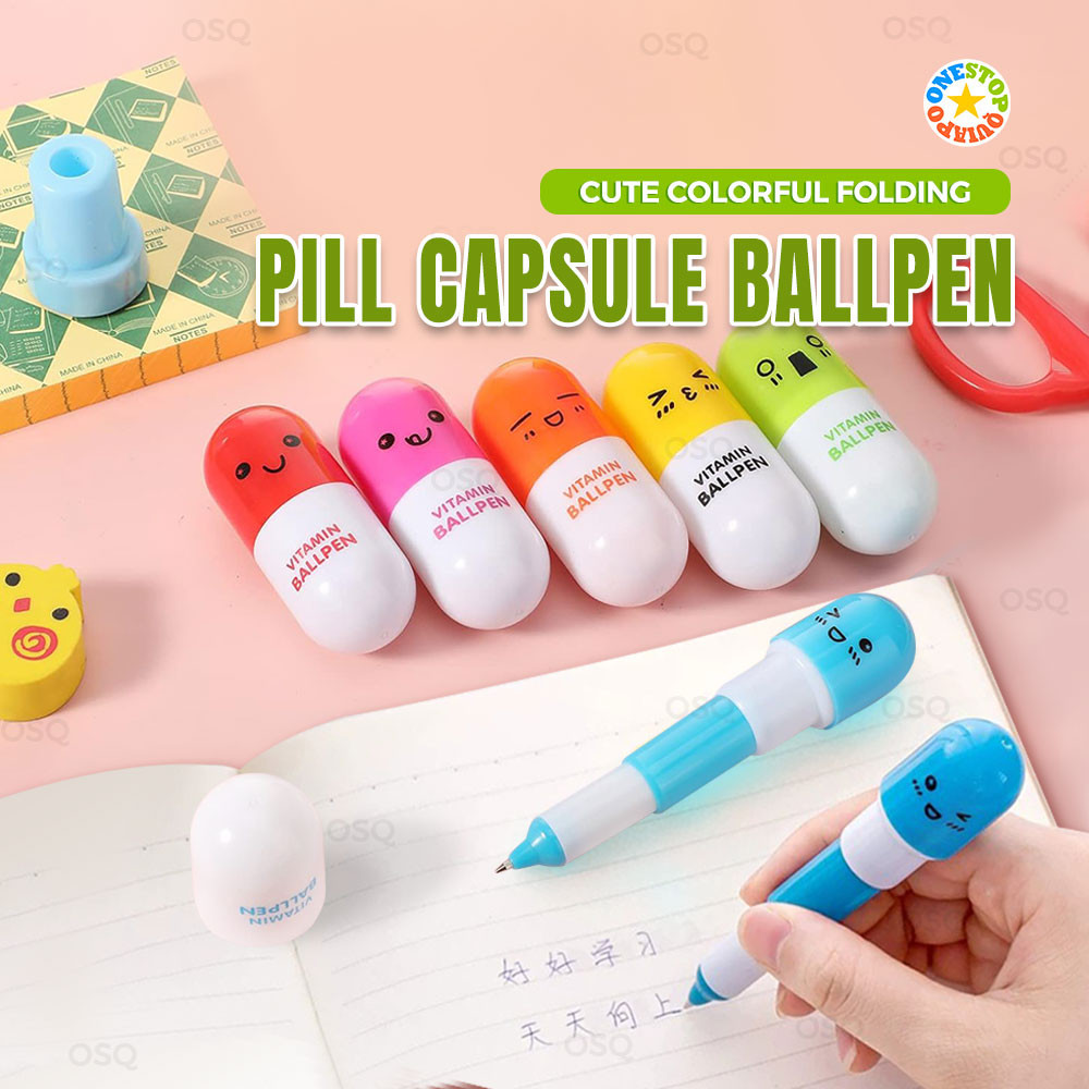 OSQ Tiny Cute Emoji Pill Capsule Shaped Folding Black Pen For School ...