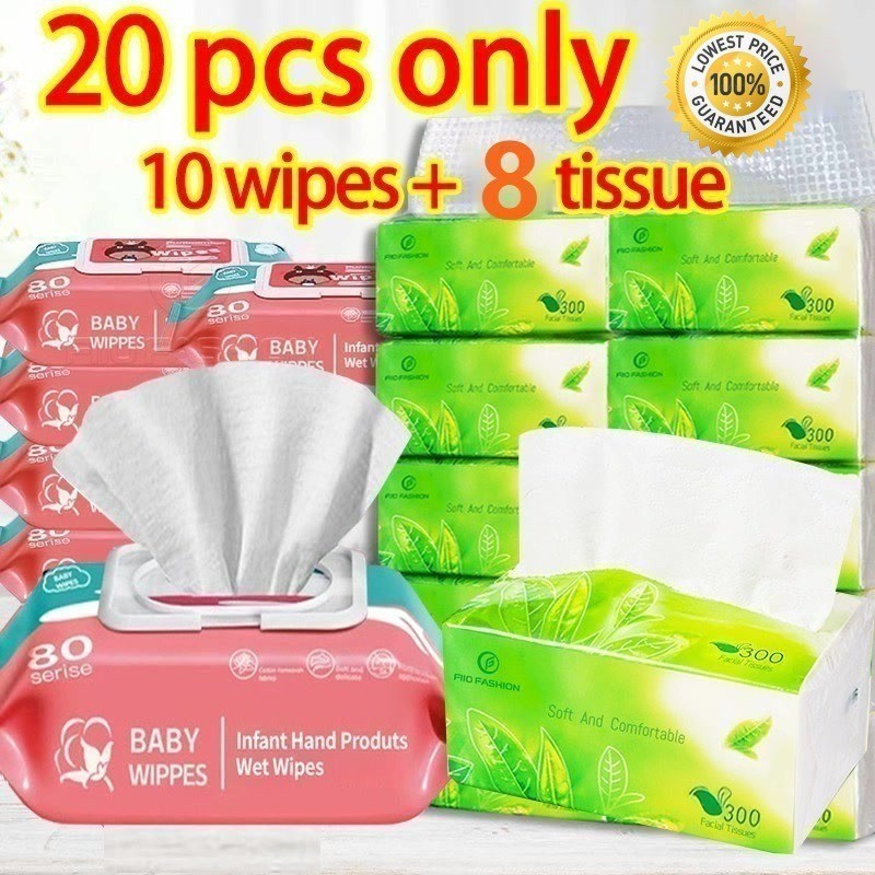 20PCS baby wipes and tissue bundle Combo Unscented baby wipes 10 packs ...