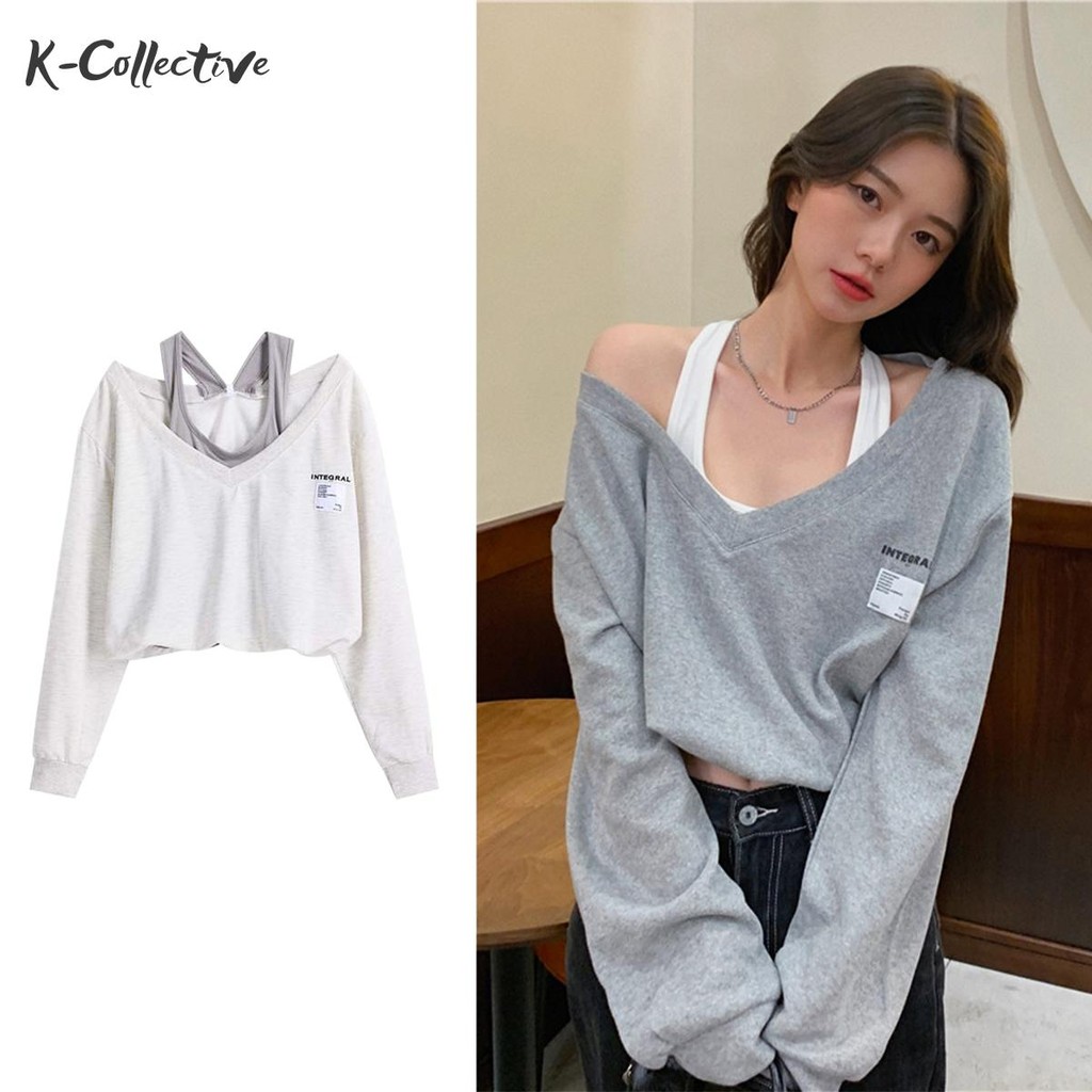 Women's V-neck hanging collar long sleeved top, women's fake two-piece ...