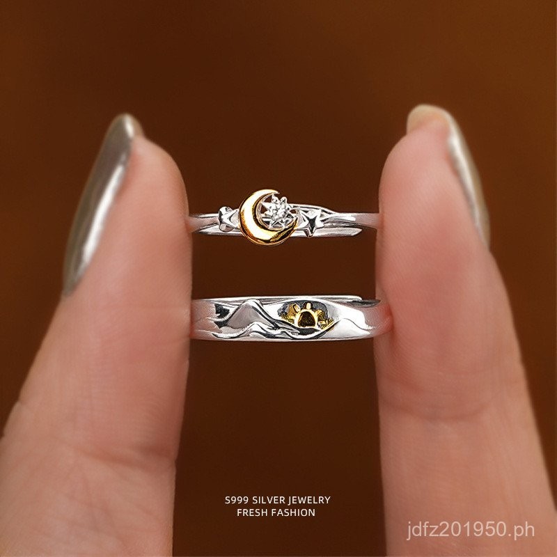 Creative Niche Sun Moon Star Pure Silver Open Ring999Original Women's ...