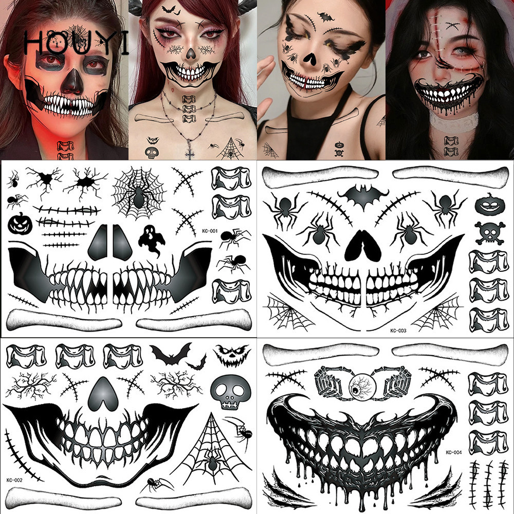 2/5Pcs Halloween Skeleton Scar Face Stickers - Black Devil Mask Fake ...