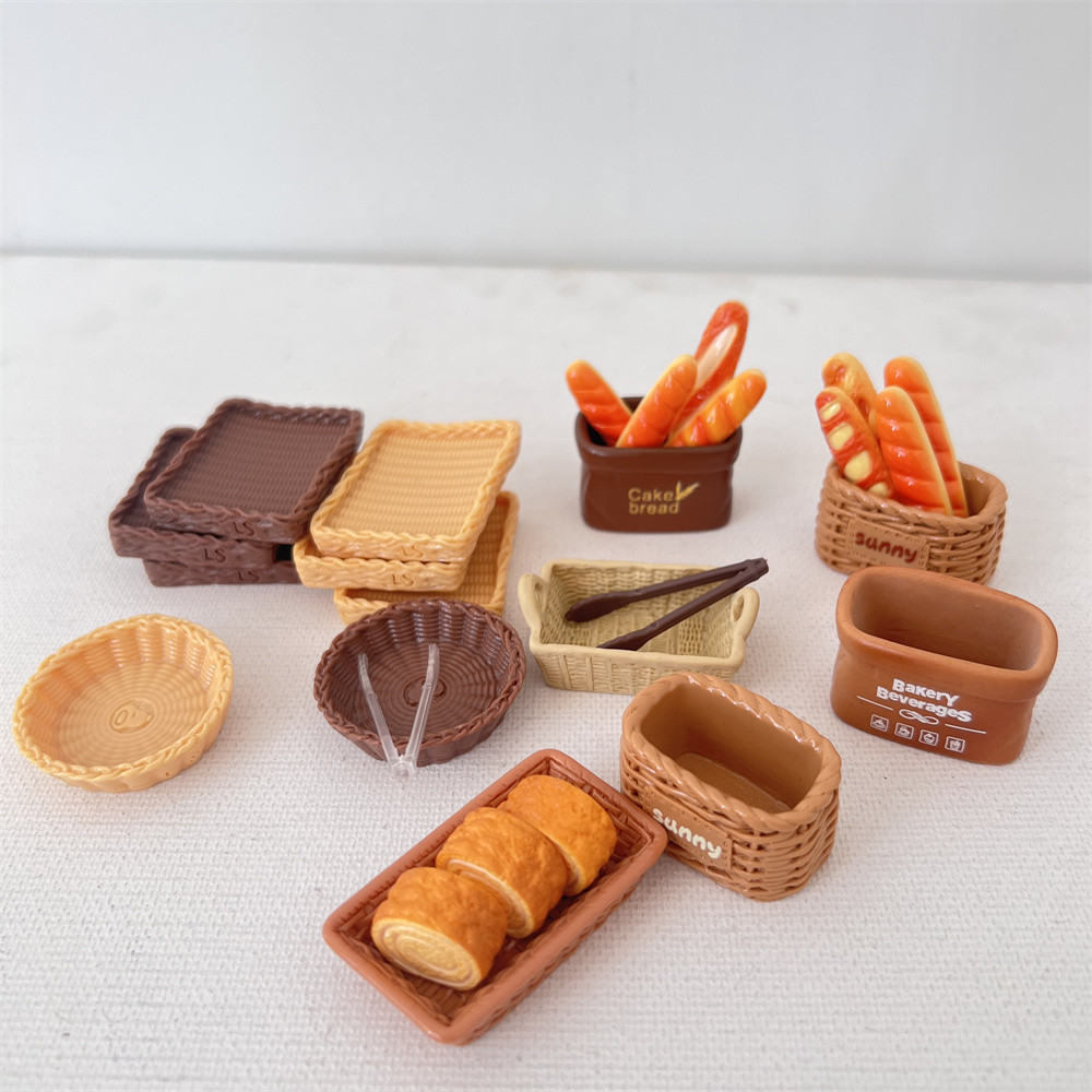 Assorted Miniature Bread Basket Resin Rattan Basket Tray Tongs Mini ...