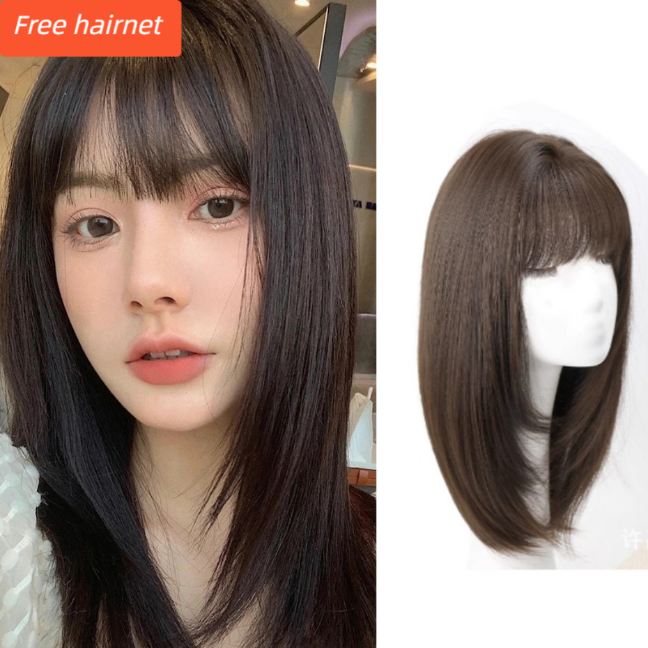 Wigs Women Natural Clavicle Middle Straight Hair With Air Bangs Female ...