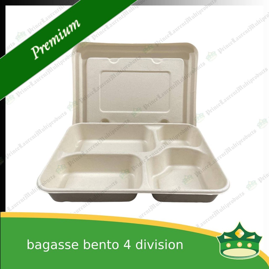 [50 pcs] bagasse bento box 4 division with lid for eco-friendly ...