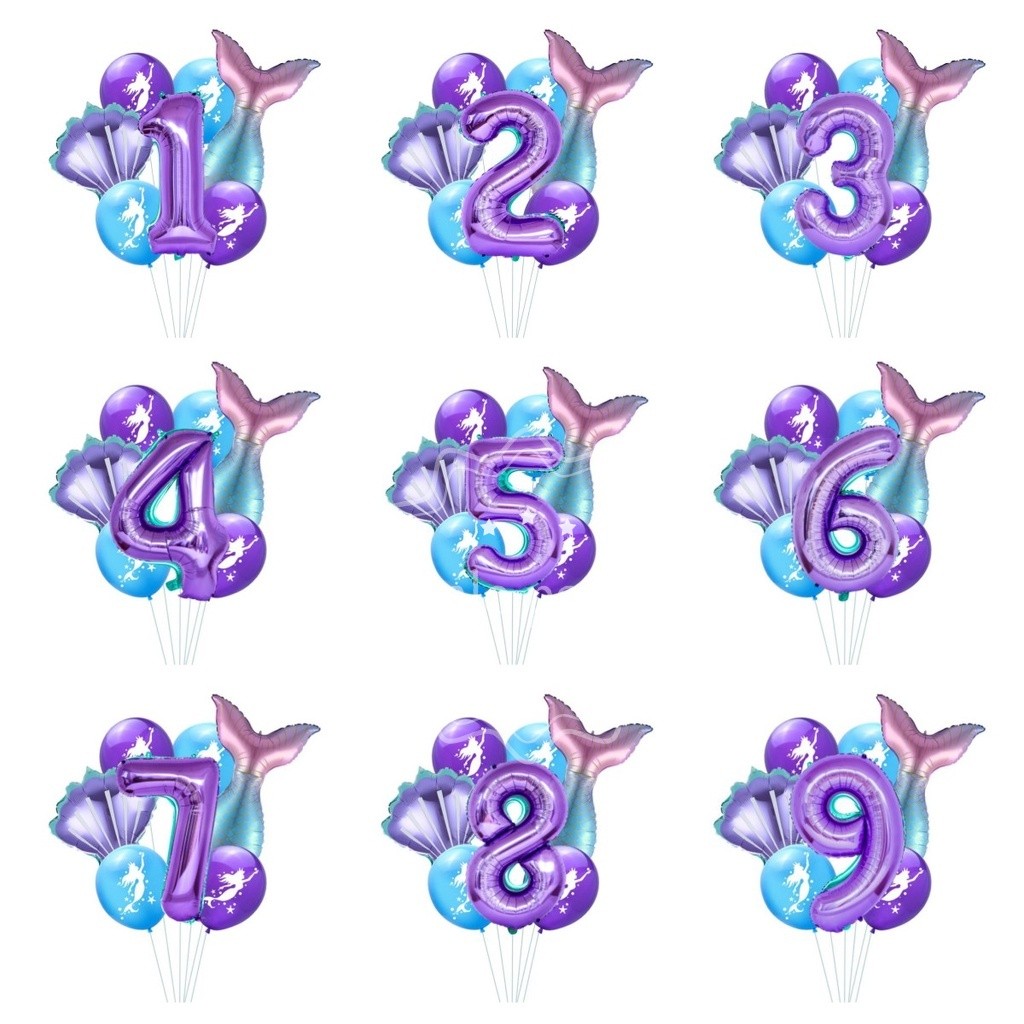 Mermaid Theme Balloons Set Purple Number Shell Mermaid Tail Foil ...