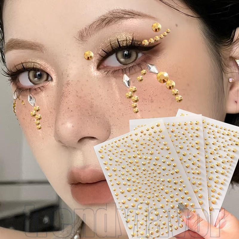 4Pcs Champagne Gold Diamond Face Stickers - DIY Body Art Decals - 3D ...