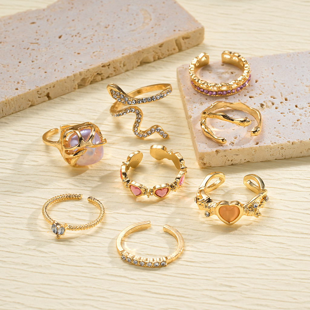 8Pcs/Set Delicate Crystal Snake Heart Ring for Women Pearl Jewelry ...