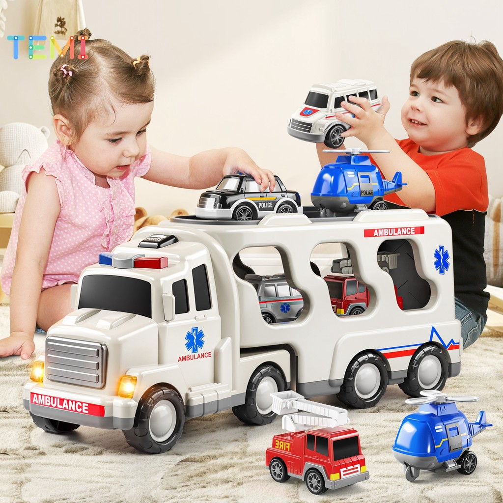 TEMI 5 IN 1 Ambulance Truck Toys Friction Power Engineering Vehicles ...