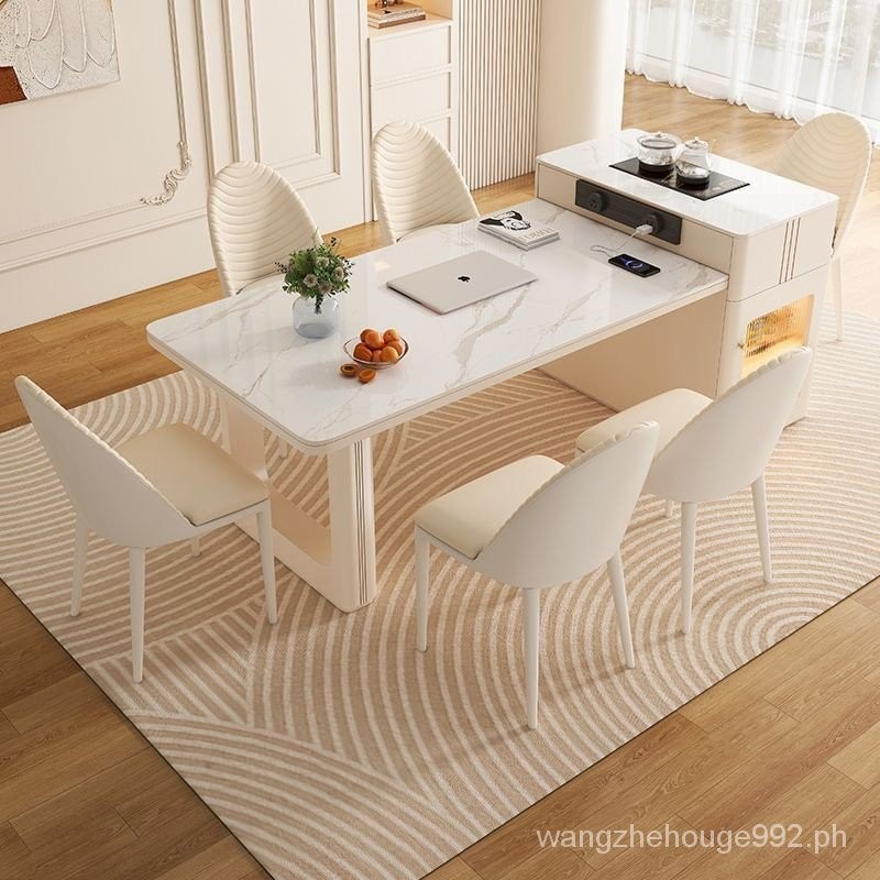 Cream Retractable Kitchen Island Stone Plate Tea Table Dining Table ...