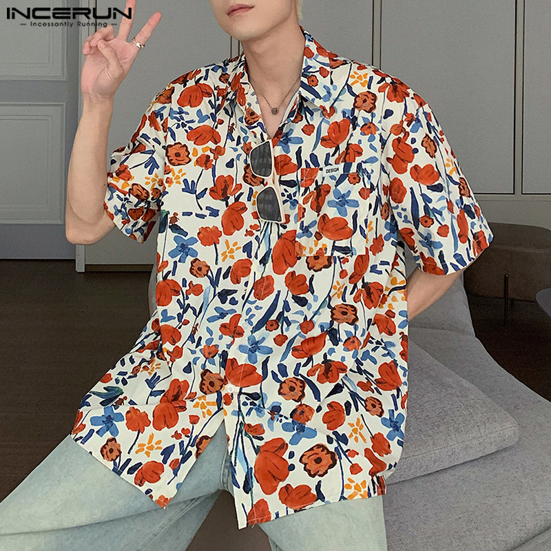 INCERUN Men Korean Casual Turn Down Collar Floral Print Short Sleeve ...