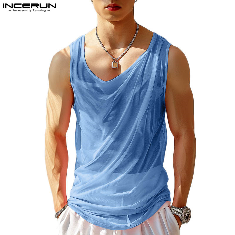 INCERUN Men Vintage Casual Round Neck See-Through Pleated Solid Color ...