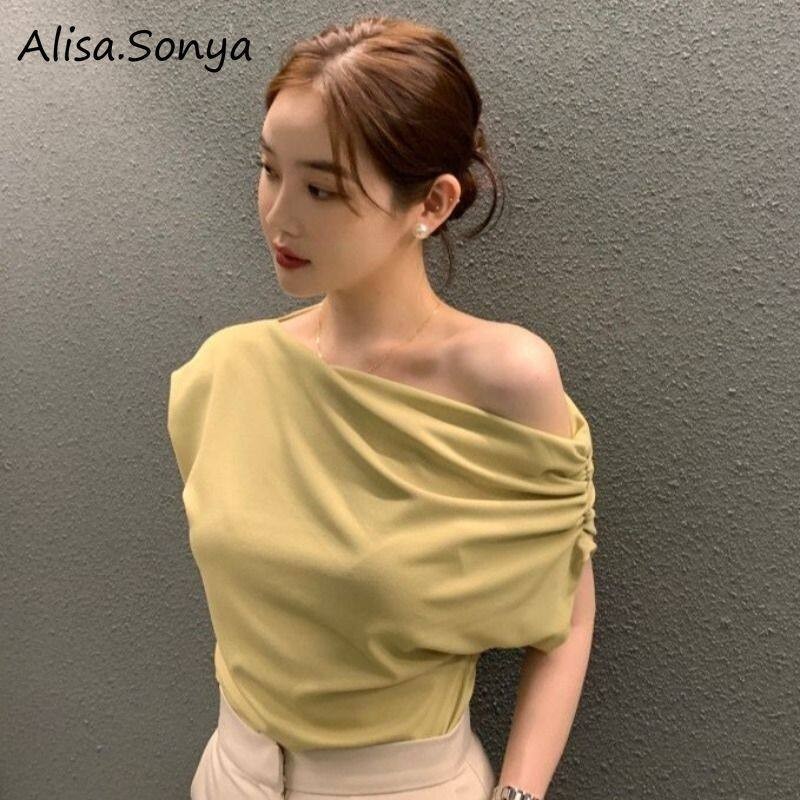 [cod]Alisa.Sonya Woman Solid Off Shoulder Elegant Blouse Tops Diagonal ...