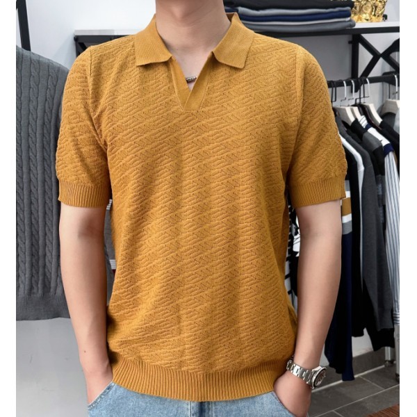 Korean Polo Shirts for Men Half Sleeve Wave Pattern Knitted High ...