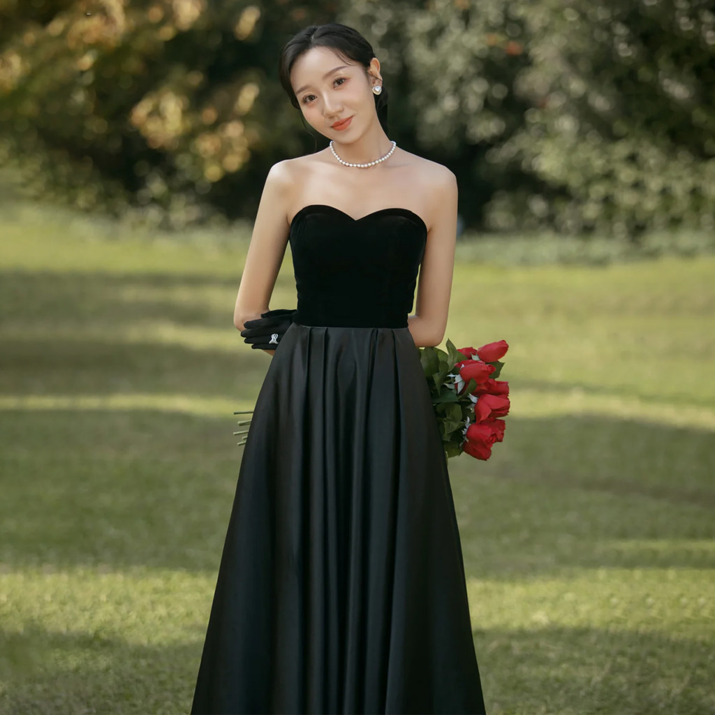 French Light Wedding Dress Hepburn Satin Chest Spread Simple Evening ...