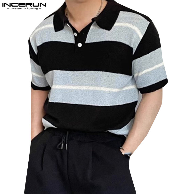 INCERUN Men's Horizontal Knitted Short Sleeve Collar Top POLO Shirts ...