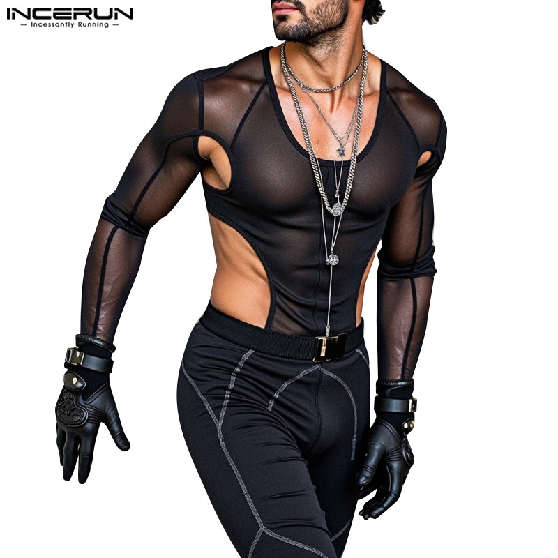 INCERUN Men Vintage Fashionable See-Through Mesh Long Sleeve Jumpsuits ...