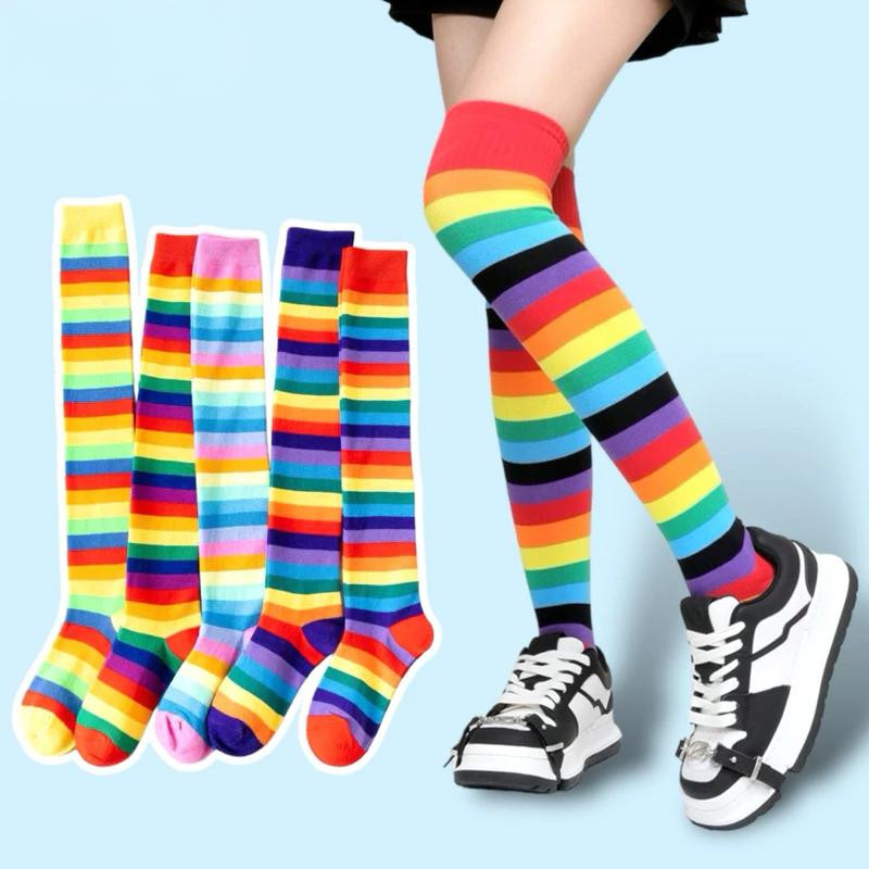 1 pair Rainbow Striped Socks Holiday Party Stockings Colorful Long ...